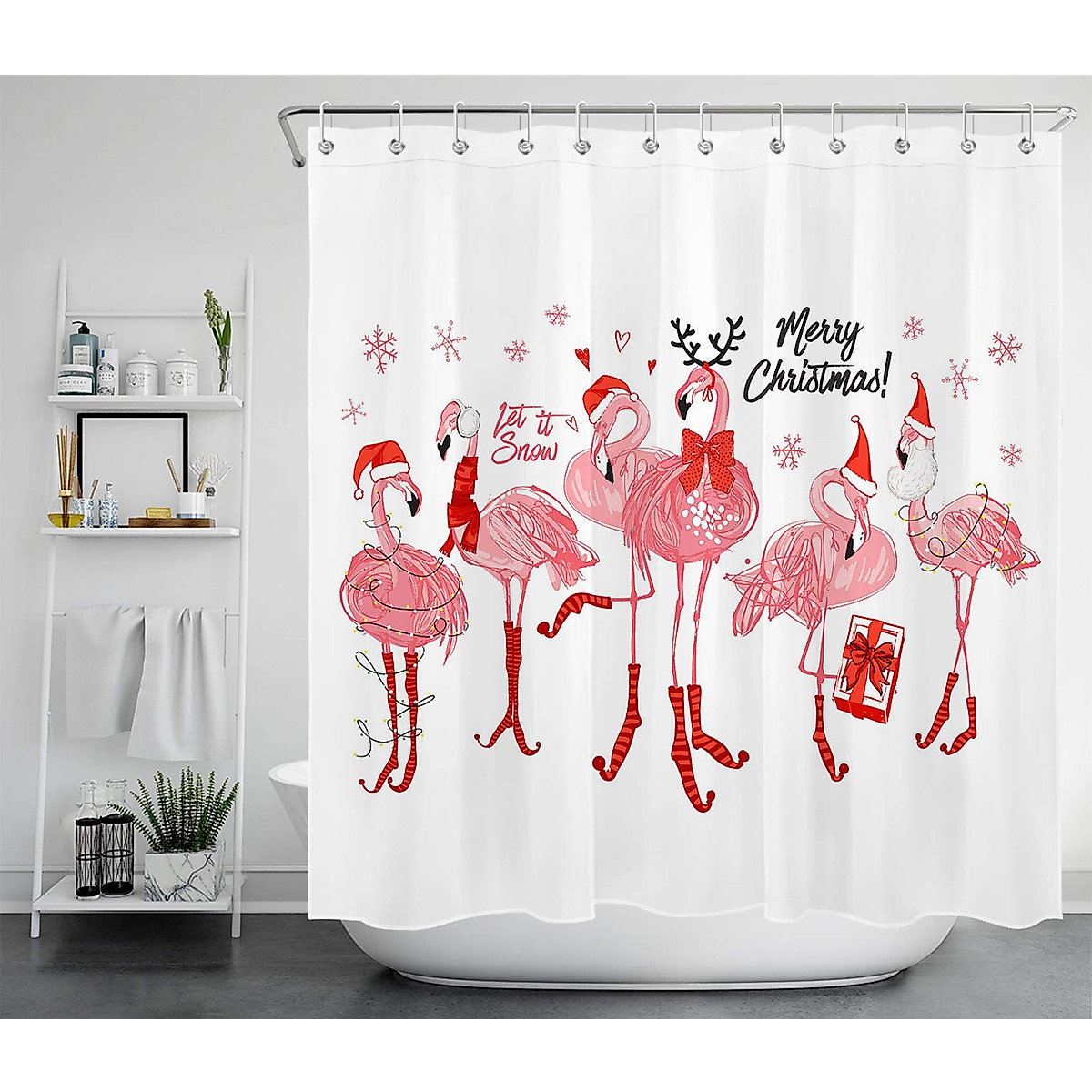 HVEST Pink Christmas Flamingo Shower Curtain 72x72 Inches with 12 Hooks Snowflake Happy Tropical Bird Family with Santa Hat Merry Christmas Curtains Polyester Fabric for Kids Bathroom