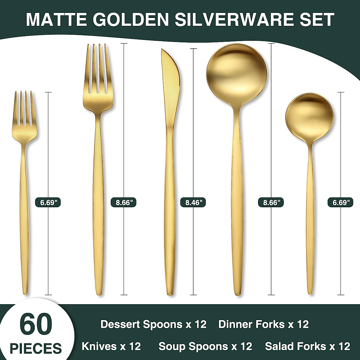 60 Pieces Stainless Steel Silverware Set, Flatware Cutlery Set Service for 12, Tableware Cutlery Set Include Knife Fork Spoon Set, Utensils for Home, Restaurant, Hotel, Dishwasher Safe (Gold)