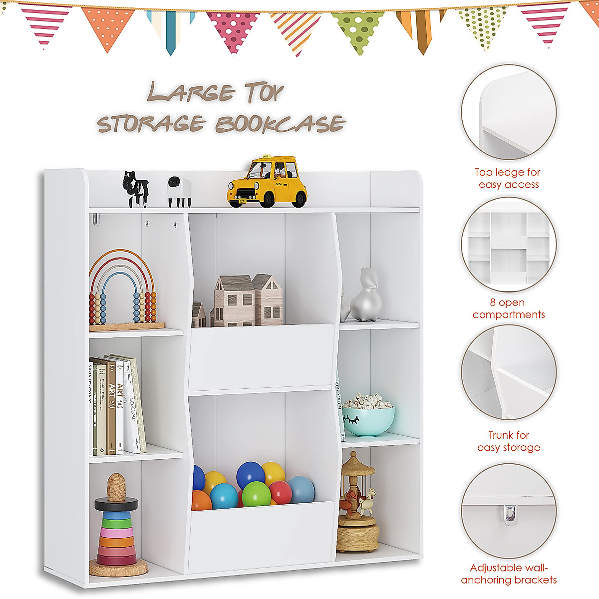 UTEX Kids Toy Storage and Bookshelf, Multifunctional Bookcase with 8 Cubbies and Bins, Open Kids Bookshelf Organizer Display Stand, Large Toy Storage Cabinet for Kids Room, Classroom, Nursery, White