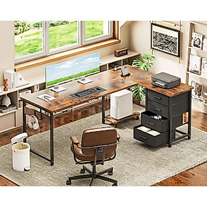 AODK L Shaped Desk with 4 Tier Drawers, 61" Reversible Gaming Desk with Power Outlets, L Shaped Computer Desk with USB Charging Port and Host Stand, Home Office Corner Desk, Easy to Assemble, Vintage