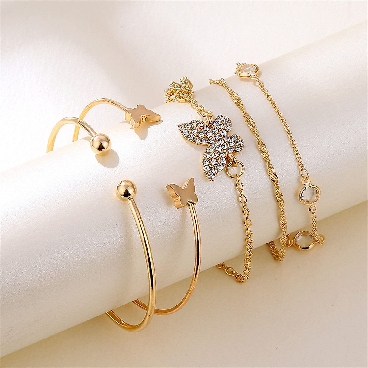 Caiyao Layered Stacking Link Chain Butterfly Bracelet Bangle Set Bohemian Paperclip Rhinestone Bead for Women 14K Gold Plated Animal Jewelry-D butterfly-2