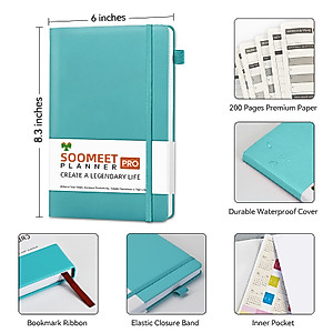Soomeet Planner, Undated Weekly Planner, Goal Planner, Calendar Stickers, Faux Leather Cover, Time Management Manual and Planner, A5 Hardcover with Ruler, 200 Pages, Lake Blue