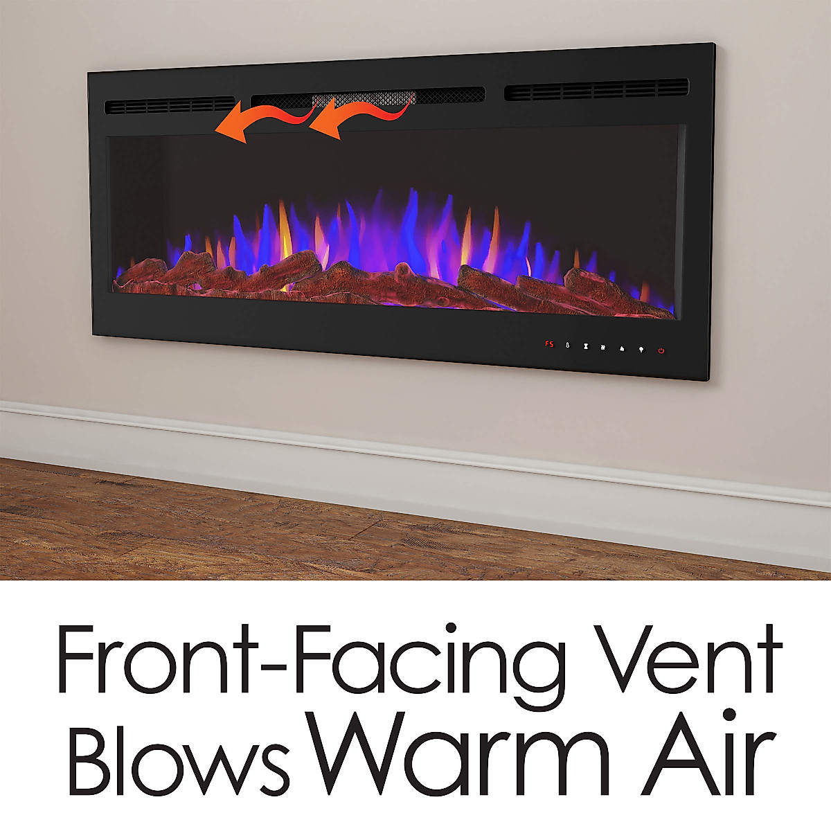 50” Electric Fireplace-Wall Mount or Recessed-3 Color LED Flame–Faux Log, Pebbles & Crystal Media Options, with Heat or No Heat by Lavish Home (Black)