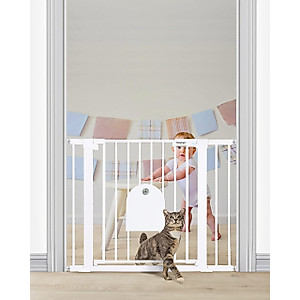 Newnice 40.6" -29.7" Auto Close Baby Gate with Small Cat Door, Easy Walk Thru & Durable Dog Pet Gates for Stairs, Doorway, House, Pressure Mounted Safety Child Gate Includes 4 Wall Cups