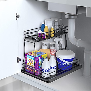 TOOYIMR Under Sink Organizer，2 Tier Slide Out Pull Out Cabinet Organizer Shelf，Multi-Purpose Under Sink Storage with Sliding Drawer for Kitchen Bathroom Cabinet(Black)