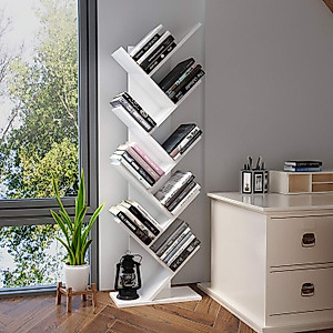 Meerveil 9-Tier Floor Standing Tree Bookcase, Bookshelf Wooden for Books Magazine CDs in Living Room Home Office Modern White