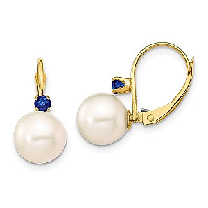 14K Yellow Gold 8mm White Round Freshwater Cultured Pearl Blue Sapphire Drop Dangle Earrings Gemstone September Birthstone Jewelry