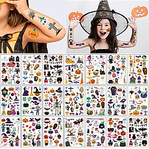 Halloween Temporary Tattoos for Kids, 360PCS Halloween Face Tattoos, Waterproof Cute Cartoon Fake Body Stickers Decorations, Halloween Face Makeup Party Favors Supplies Decor Pumpkin Witch Skull Adult
