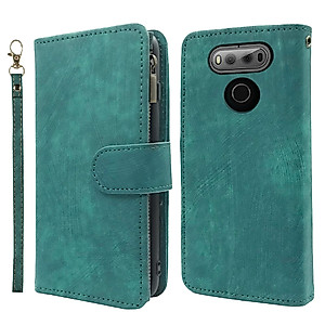 Compatible with LG V20 Wallet Case and Premium Vintage Leather Flip Credit Card Holder Stand Cell Accessories Folio Purse Lanyard Wrist Strap Phone Cover for LGV20 LG20 V 20 ThinQ Women Men Green