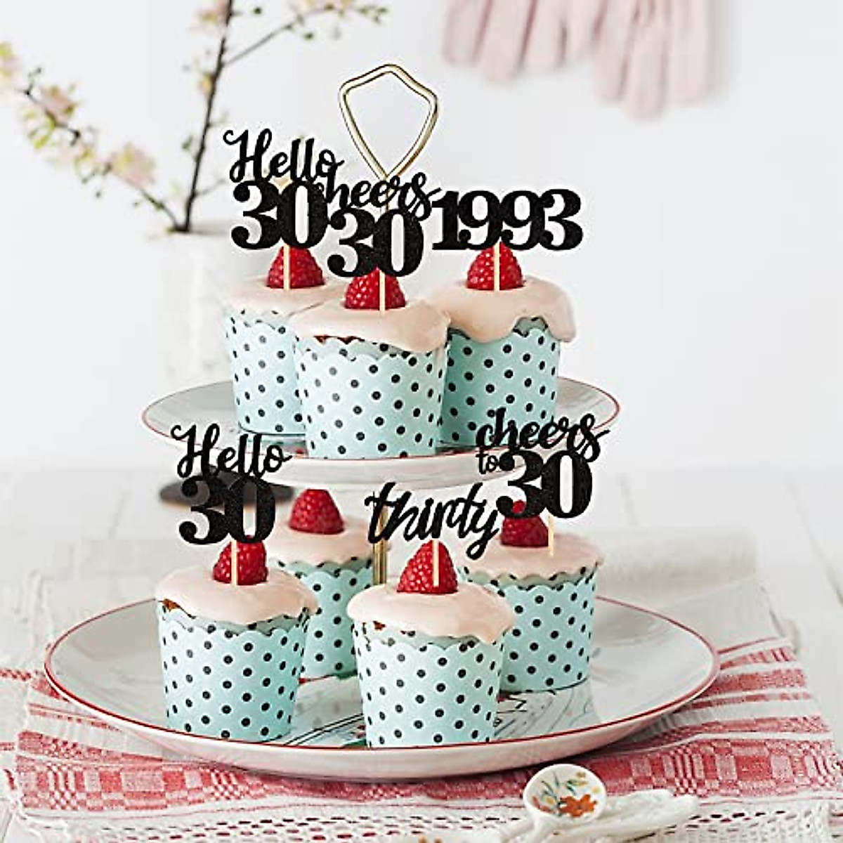 24 PCS Black 30th Birthday Cupcake Toppers Glitter Hello 30 Cupcake Topper Cheers to 30 Since 1993 Thirty Cupcake Picks for Happy 30th Birthday Anniversary Party Cake Decorations Supplies