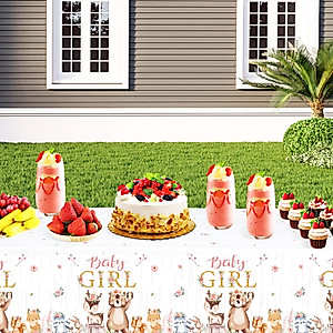 Oudain 3 Pieces Woodland Plastic Tablecloth Woodland Baby Shower Tablecloth Decorations, Woodland Creatures Table Covers for Rectangle Tables Girl Party Supplies Favors, 54 x 108 Inch