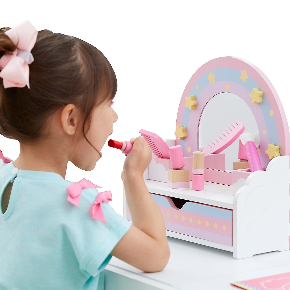 Teamson Kids Little Dreamer Wooden Rainbow Play Tabletop Vanity with Mirror and Drawer Plus 8 Pretend Cosmetic Makeup Accessories, Pink, includes Small Parts