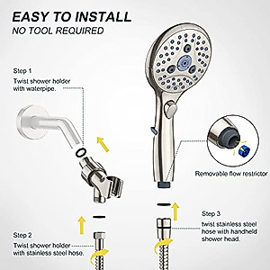 SunCleanse Shower Head, 7 Settings Hand held Shower with ON/OFF Pause Switch, Brushed Nickel High Pressure Shower Head with 71 inch Hose