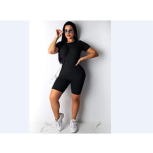 Women 's Casual 2 Piece Outfits Solid Crop Top Short Pants Outfit Sports Yoga Suit Tracksuit Jumpsuits (Black, L)