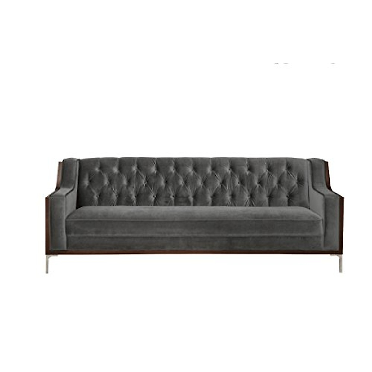 Iconic Home Clark Sofa Button Tufted Velvet Walnut Finish Swoop Arm Wood Frame with Polished Metal Legs, Modern Contemporary, Grey