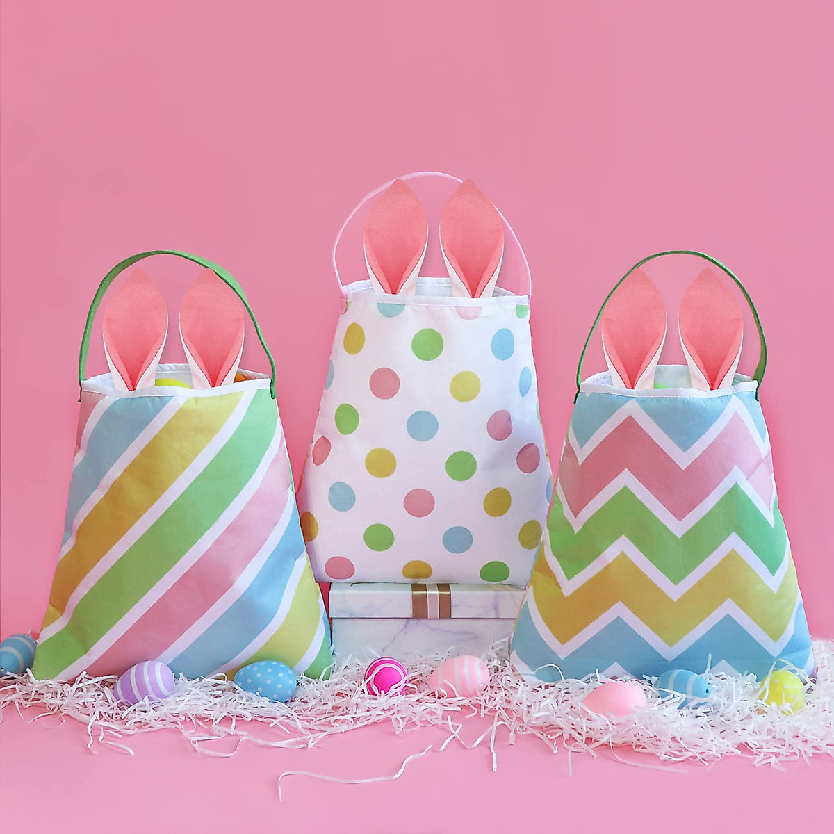 Ivenf Easter Egg Hunt Basket Bag: 3ct Cute Pink Blue Green Easter Bunny Ears Gift Bag for Easter Basket Egg Hunt Games, Kids School Home Office Party Supplies, Spring Decorations