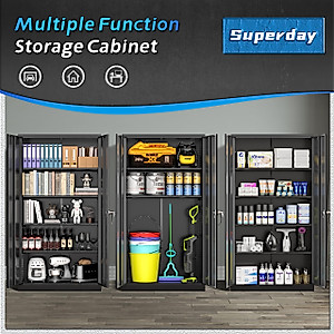 Superday Lockable Storage Cabinet, 71" Garage Storage Cabinets with Lock, Black Metal Cabinet with 2 Doors and 4 Adjustable Shelves for Home Office, Classroom, Bathroom, File, Easy Assemble