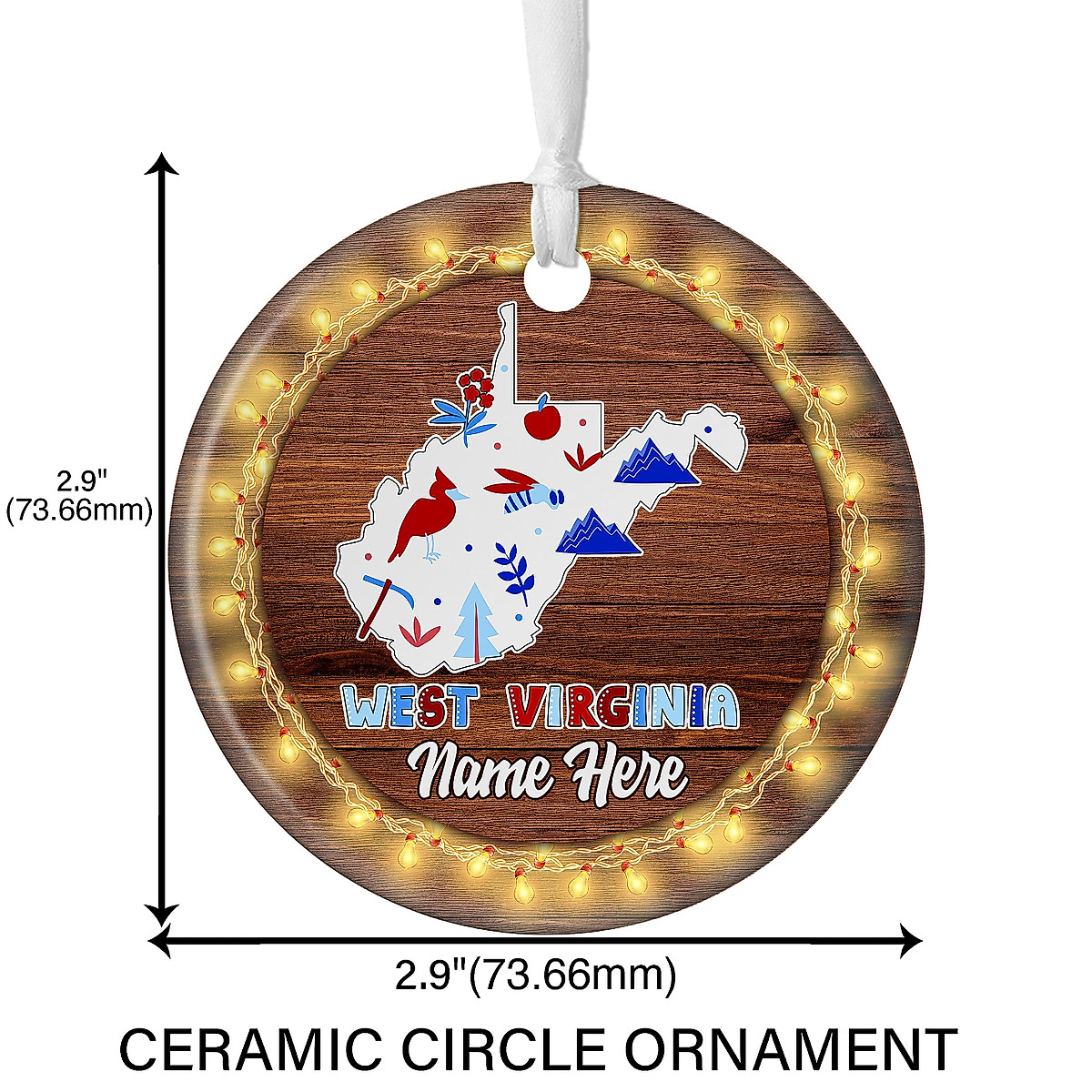 Prezzy Personalized West Virginia Christmas Ornaments Travel Souvenir Gift for Men Women Family Hanging Xmas Tree Decorations for Home Decor West Virginia Gifts Circle Ceramic Ornament 3'' Keepsake