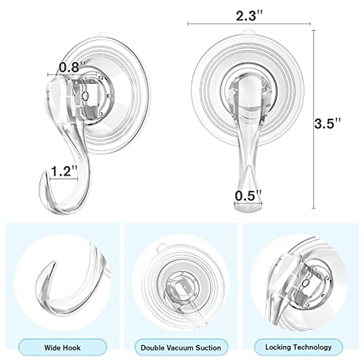 VIS'V Suction Cup Hooks, Small Clear Heavy Duty Vacuum Suction Hooks with Wipes Removable Strong Window Glass Door Kitchen Bathroom Shower Wall Suction Hanger for Towel Loofah Utensils Wreath - 2 Pcs