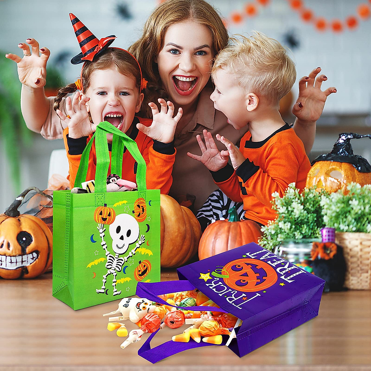 Eunvabir 20 Packs Halloween Non-Woven Bags for Kids, Reusable Trick or Treat Goodie Candy Snack Bags, Goodie Bag Fillers Tote Gift Bags for Party Favors/Classroom Prizes/Games