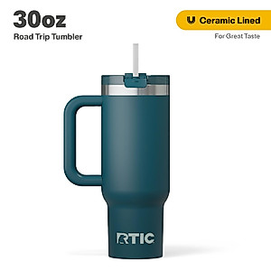 RTIC 30 oz Road Trip Tumbler Double-Walled Insulated Stainless Steel Portable Travel Coffee Mug Cup with Lid, Handle and Straw, Marine