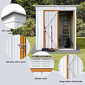 Ampela Outdoor Storage Shed with Singe Lockable Door,Outside Waterproof Galvanized Metal Shed with Air Vent Suitable for Backyard Garden,Tiny House Storage Sheds for Patio Lawn，5x3 FT,White+Orange