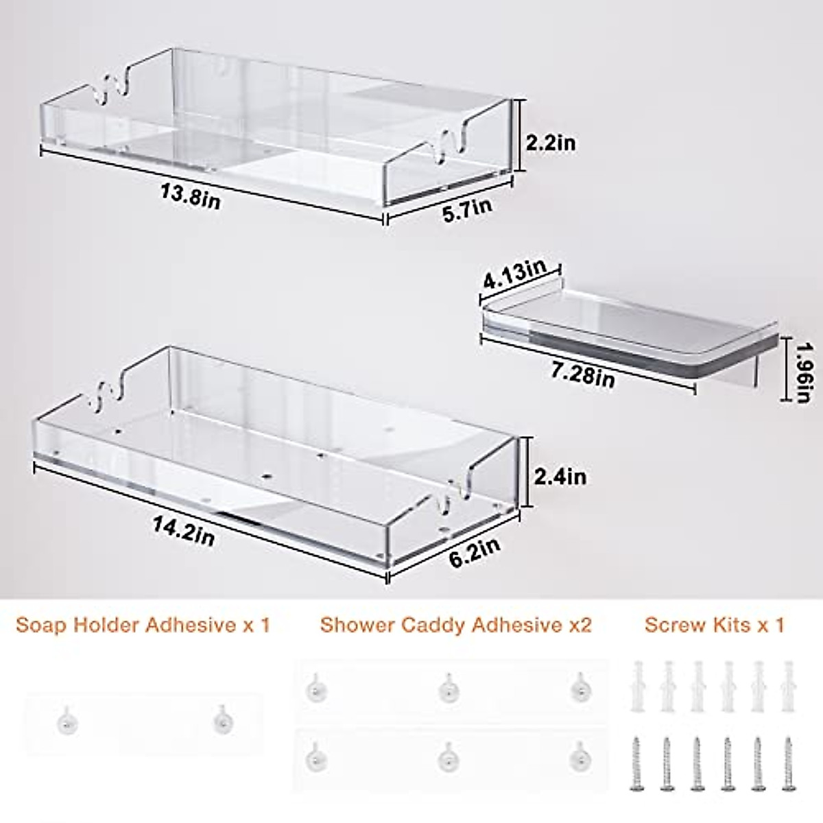 Vanmee 3 Pack Shower Caddy, Acrylic Shower Floating Shelves, Adhesive Bathroom Shelf Organizer with Soap Holder, No Drilling Wall Mounted Large Shower Organizer Rack for Bathroom, Living Room, Kitchen
