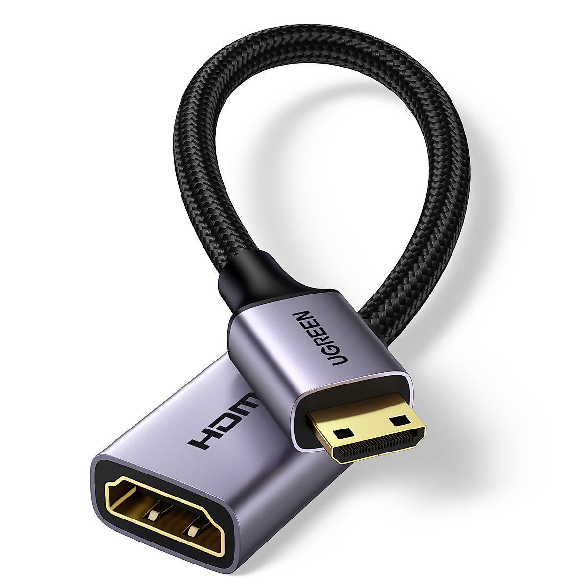 UGREEN Mini HDMI to HDMI Adapter Aluminum Shell Braided 4K 60Hz HDR 3D Compatible with Raspberry Pi Zero 2 W/W Portable Monitor DSLR Camera Camcorder Graphics Card Laptop Projector Tablet, Grey