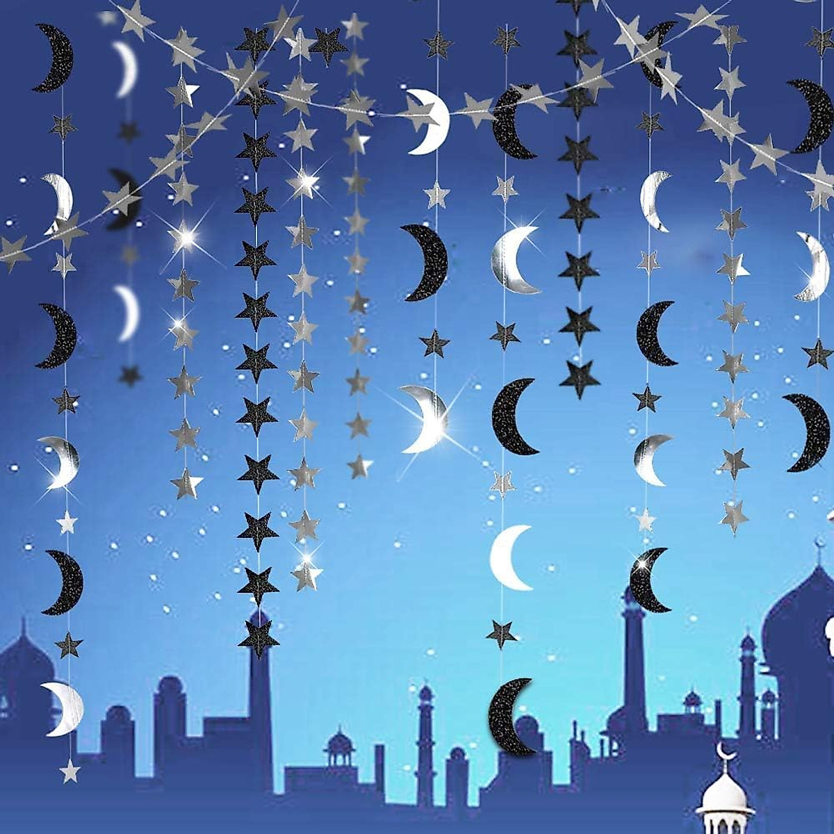 Cheerland New Years Eve Party Decoration Black Silver Crescent Moon Star Garlands for Halloween Birthday Decorations Hanging Twinkle Star Garlands for Bday Wedding EID Graduation Ramadan NYE Supplies