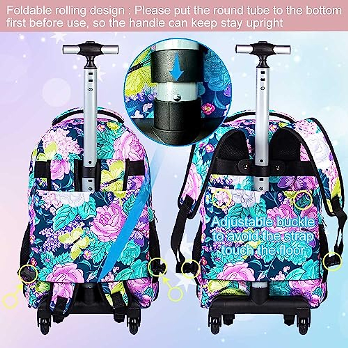 Rolling Backpack for Girls, 21 Inch Water Resistant Flowers Butterfly Bookbag with Roller Wheels, Elementary Wheeled Backpacks for Teens Students School Travel