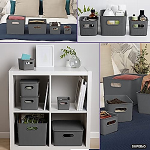 Superio Decorative Plastic Open Home Storage Bins Organizer Baskets, Medium Grey (1 Pack) Container Boxes for Organizing Closet Shelves Drawer Shelf - Ribbed Collection 5 Liter