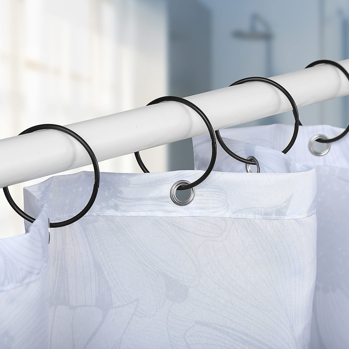 Shower Curtain Hooks, 12 Pcs Shower Curtain Rings, Round Snap Black Shower Curtain Rings, Decorative Metal Rustproof Shower Curtain Rings, Glide Smoothly Shower Rings for Curtain (Black)