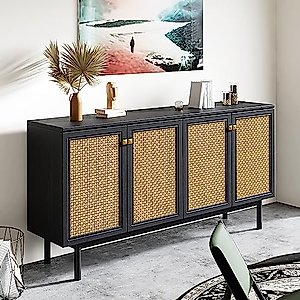 AMERLIFE 63'' Sideboard Buffets Cabinet, 2-Adjustable Shelves Storage Cabinet & 4 Doors, Large Accent Storage Credenzas for Living Room, Dining Room, Bedroom, Black,CBS002 102A