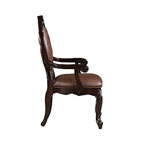 Benjara Cran 24 Inch Dining Armchair, Carved Details, Faux Leather Seat, Brown