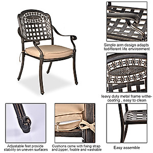 TITIMO 7-Piece Outdoor Furniture Dining Set, All-Weather Cast Aluminum Conversation Set Includes 1 Rectangular Table and 6 Chairs with Khaki Cushions and Umbrella Hole for Patio Garden Deck