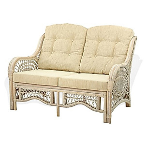 Malibu Lounge Set of 4: 2 Natural Rattan Wicker Chairs, Loveseat with Cream Cushions and Coffee Table w/Glass Handmade, White Wash