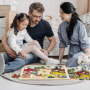 Toi 24 PCs Wooden Puzzles for Kids Toddlers Animal Jigsaw Puzzles with Wooden Bracket Age 3+ Educational Preschool Toys,Construction Car