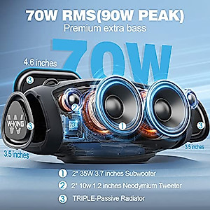 W-KING Portable Loud Bluetooth Speakers with Subwoofer, 70W Portable Outdoor Speakers Bluetooth Wireless Waterproof, Triple Passive Radiators-Deep Bass/Hi-fi Audio/DSP/42H/Power Bank/TF/AUX/EQ/Opener