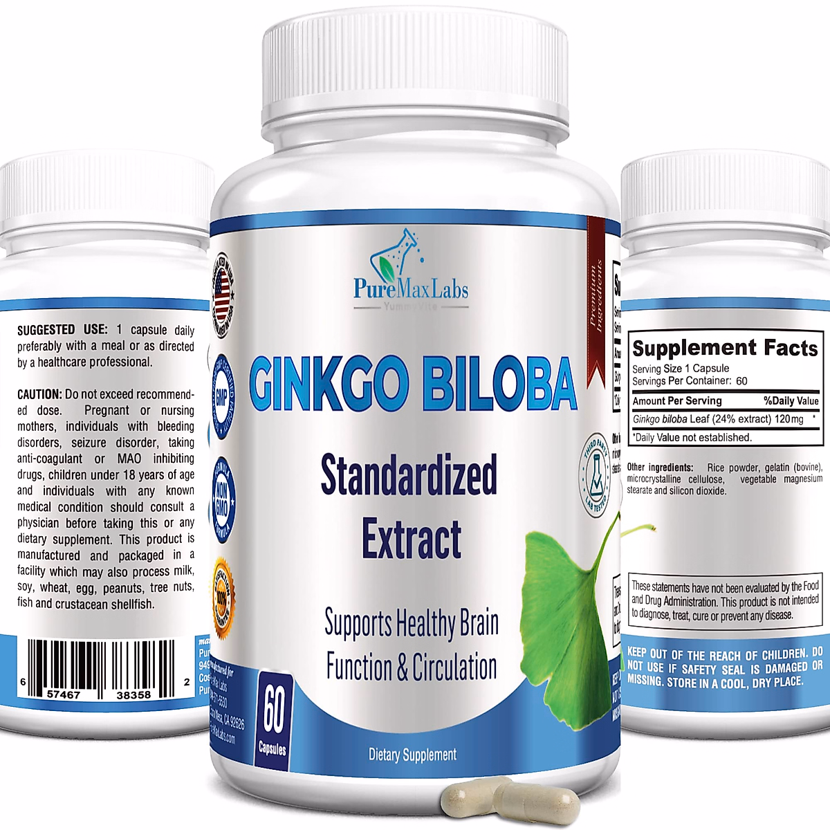 YUMMYVITE Ginkgo Biloba Capsules - Supports Brain Function, Memory Support & Circulation, Extra Strength Standardized Extract - 60 Capsules