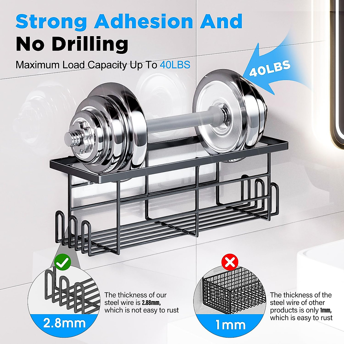 Fogf Shower Caddy 3 Pack, Adhesive Shower Organizer Rack, Wall Mounted, No Drilling, Large Capacity, Rustproof Stainless Steel Bathroom Organizer With 10 Hooks, Shower Caddy Shelf