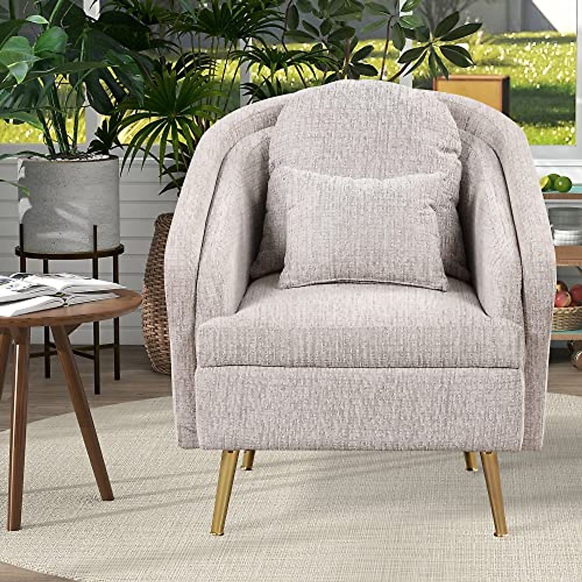 Goohome Mid Century Modern Accent Chair Single Sofa Comfy Upholstered Armchair Living Room Furniture, ReadingChair with Lumbar Pillow and Metal Legs for Bedroom, Lounge