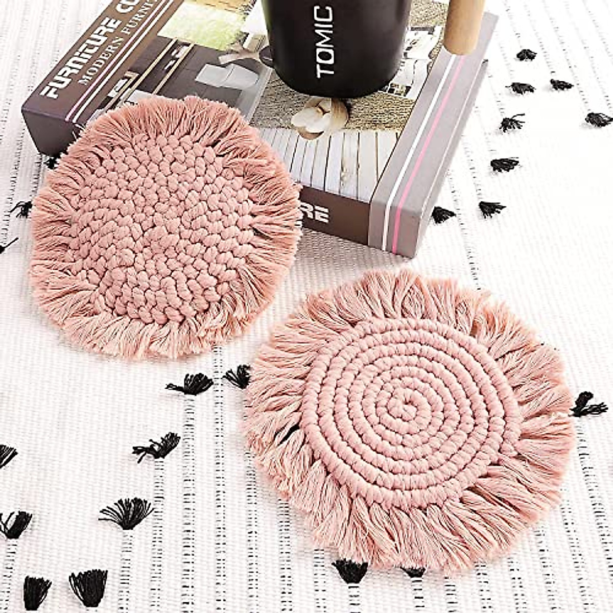 MIKEBE 2 PCS Coasters for Drinks, Boho Coasters,Macrame Coasters with Tassels,Table Decor Bohemian Braided Coasters,Coaster Set for Home,Office and Bar,Housewarming Gift-Pink, 7.4IN