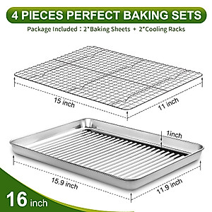 Baking Sheet with Wire Rack Set (2 Baking Pans + 2 Cooling Racks), CEKEE Stainless Steel Cookie Sheets for Baking Sheet Pan Tray, Jelly Roll Pan, Warp Resistant & Heavy Duty, Size 16 x 12 x 1 Inches