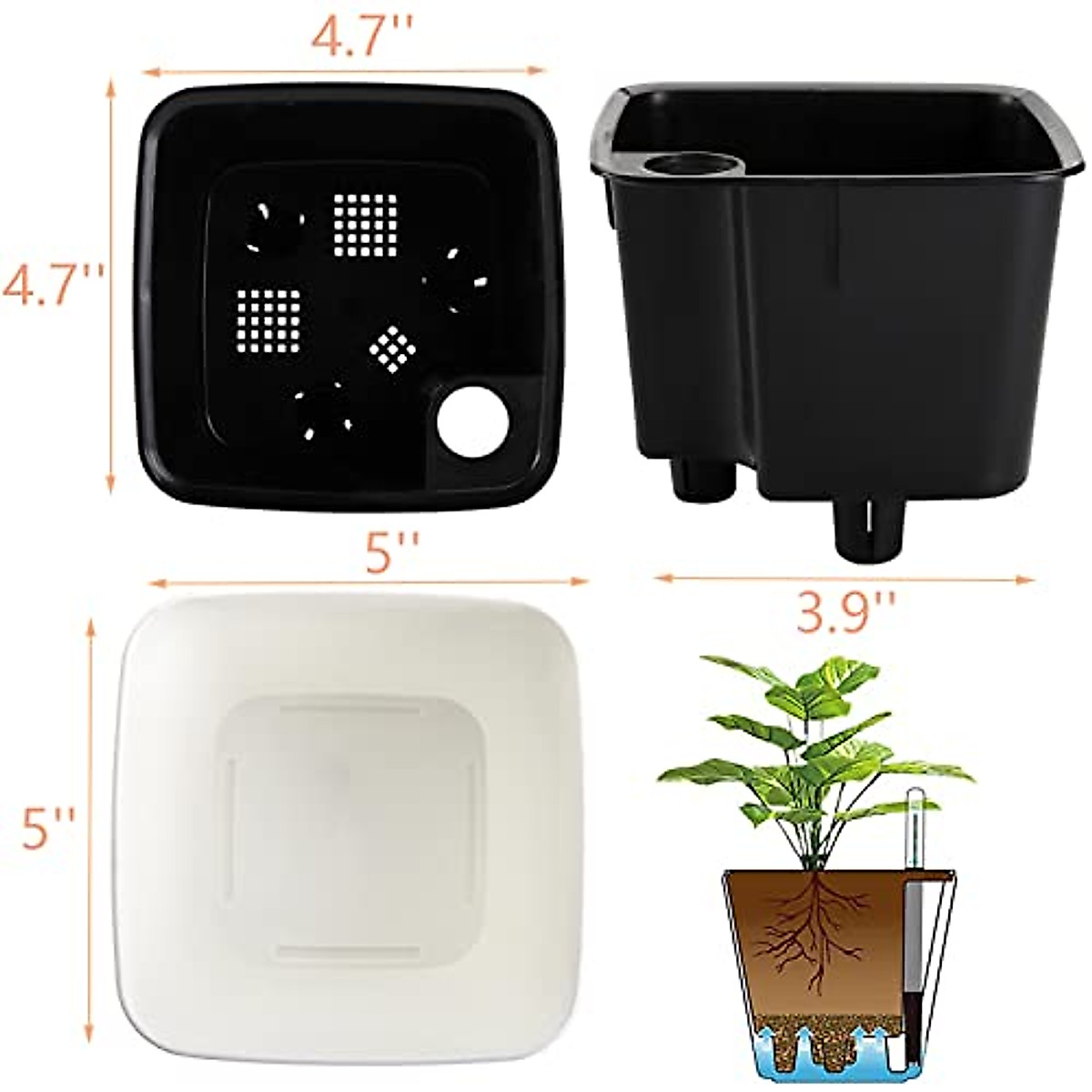 yarlung 6 Pack Self Watering Planter with Water Level Indicator, 5 Inch Plastic Plant Flower Pots Nested Container for Indoor Plants, Herbs, Aloe, Outdoor Gardening
