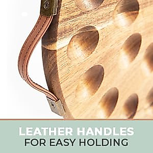 Deviled Egg Platter Round Acacia Wood Egg Tray w/ 24 Slots - Farmhouse Style Deviled Egg Tray w/Leather Handles - Multi-Use Charcuterie Board -Premium Wood Serving Platters