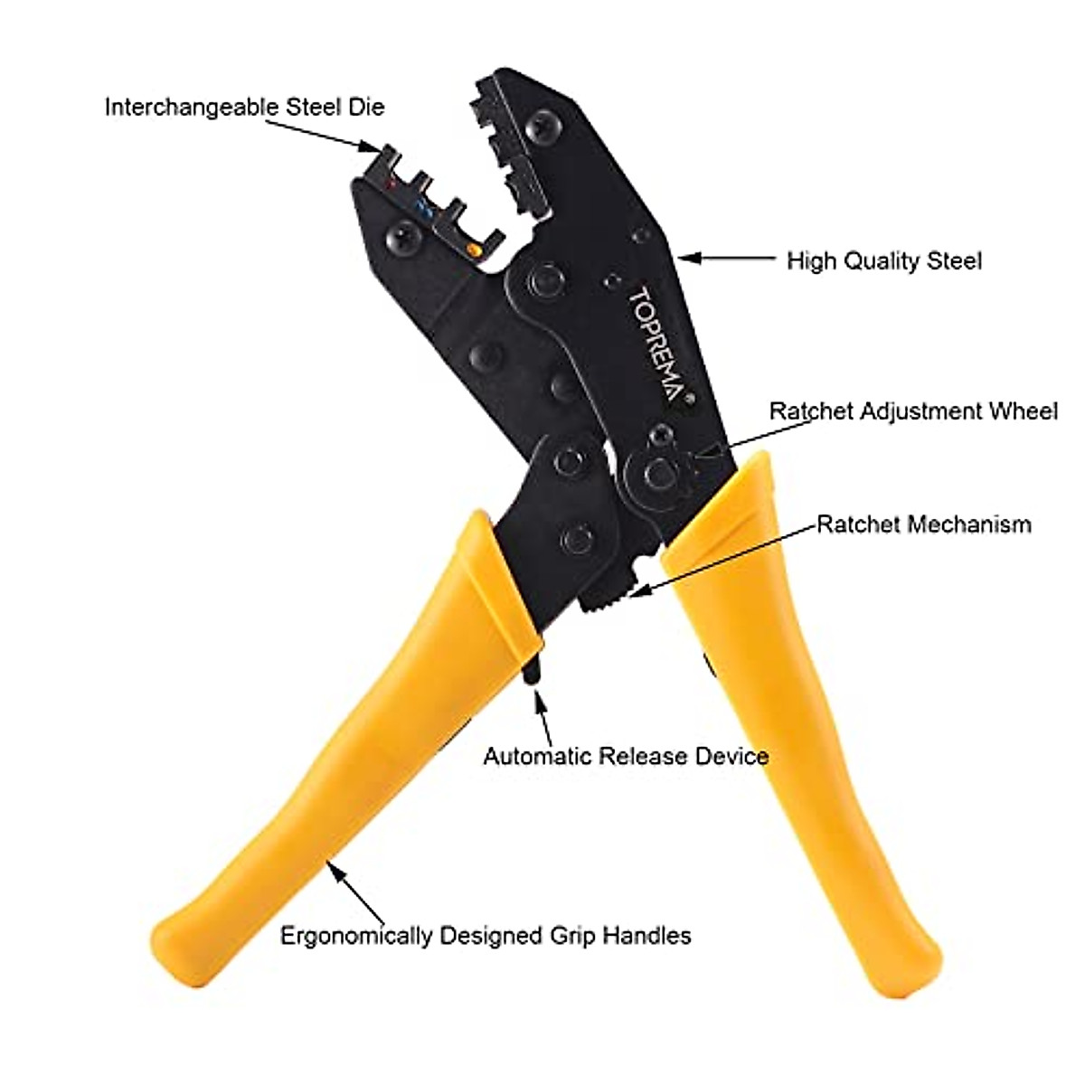 Toprema Ratchet Wire Crimping Tool Kit 5 Interchangeable Dies Set for Insulated Non-insulated Ferrules Terminals Electrical Connectors with Carry Bag