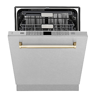 ZLINE Autograph Edition 24" 3rd Rack Top Touch Control Tall Tub Dishwasher in Fingerprint Resistant Stainless Steel with Gold Handle, 45dBa (DWMTZ-SN-24-G)