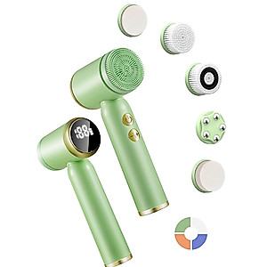 6 in 1 Face Brushes for Cleansing and Exfoliating,Spin Facial Cleansing Brush with LED Display,Electric Face Cleansing Brush,Rechargeable Facial Cleansing Brush with 6 Heads BSROLUNA(Fruit Green)