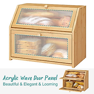 Vriccc Large Bread Box for Kitchen Counter, Double Layer Bamboo Wooden Large Capacity Bread Storage Bin with Acrylic Wavy Door Panel