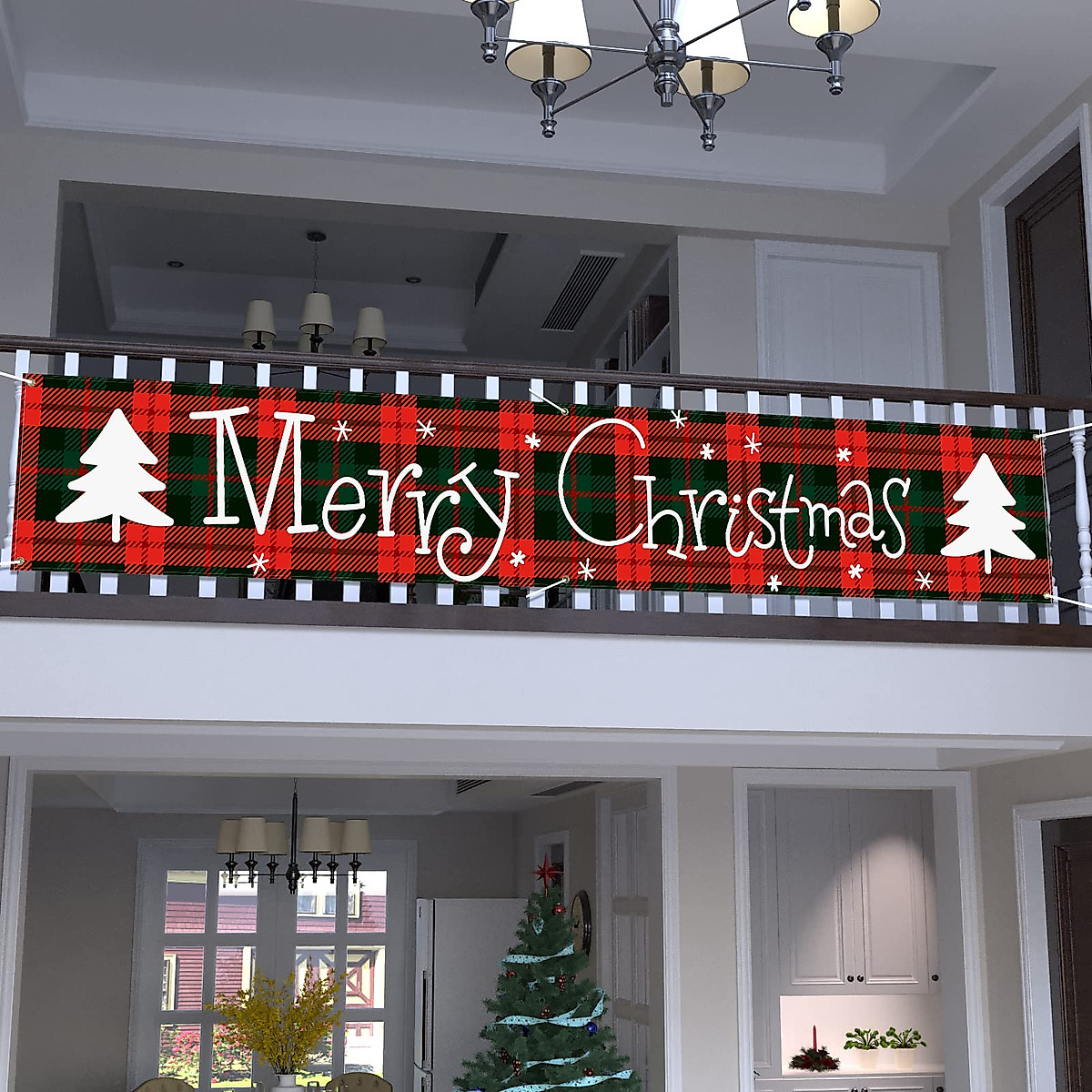 Large Merry Christmas Banner Xmas Outdoor Decorations Double Printed Green Red Buffalo Plaid Trees 120" x 20" Huge Yard Sign Holiday Party Supplies Backdrop Home Decor Ornaments for Garden House Fence Garage Indoor Gifts